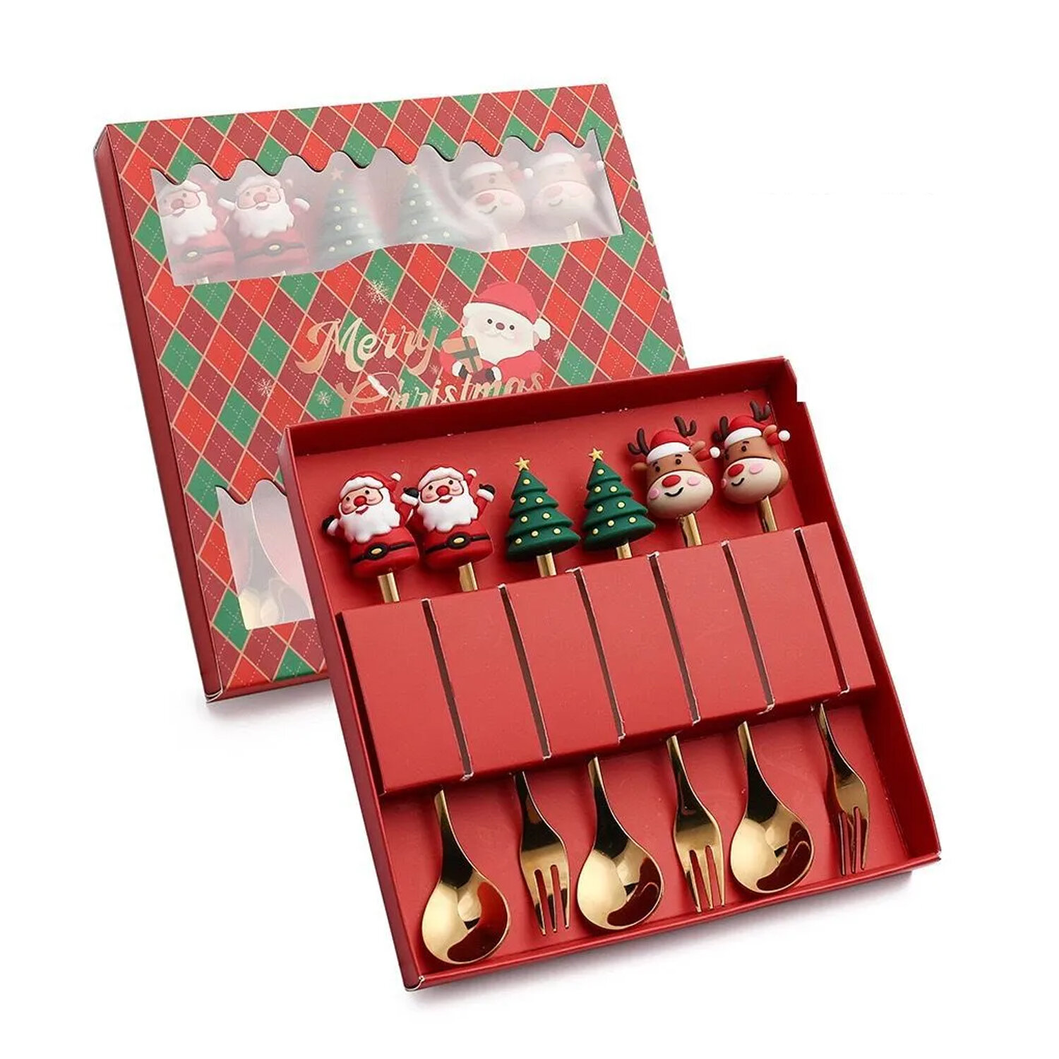Набор десертных приборов "D Doll spoon 6pcs Christmas red box", 6 предметов, ложки и вилки, 3 штуки ложек, 3 штуки вилок, цвет Простой, сталь 410, размер ложки 16 x 2.5 см, вес 20-25 г, упаковка 19 x 15 x 2.3 см