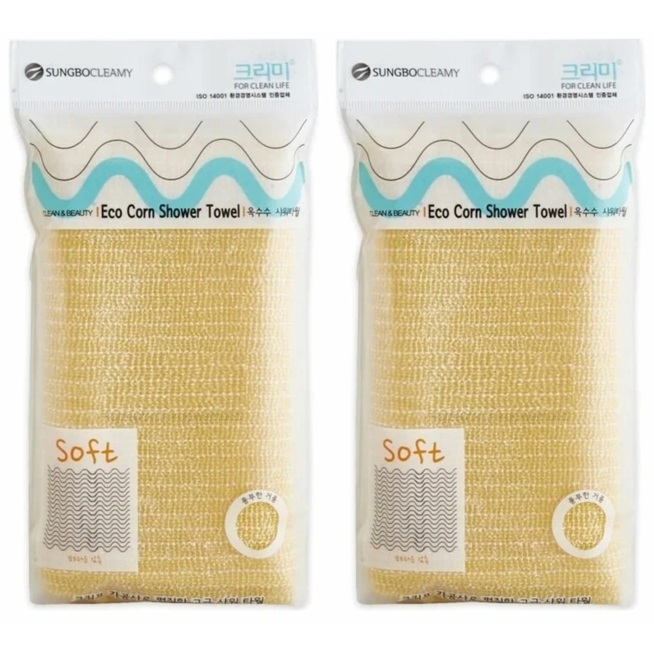 Мочалка Sung Bo Cleamy с плетением Волна и волокнами кукурузы Eco Corn Shower Towel, мягкая, 24х100см, 2шт