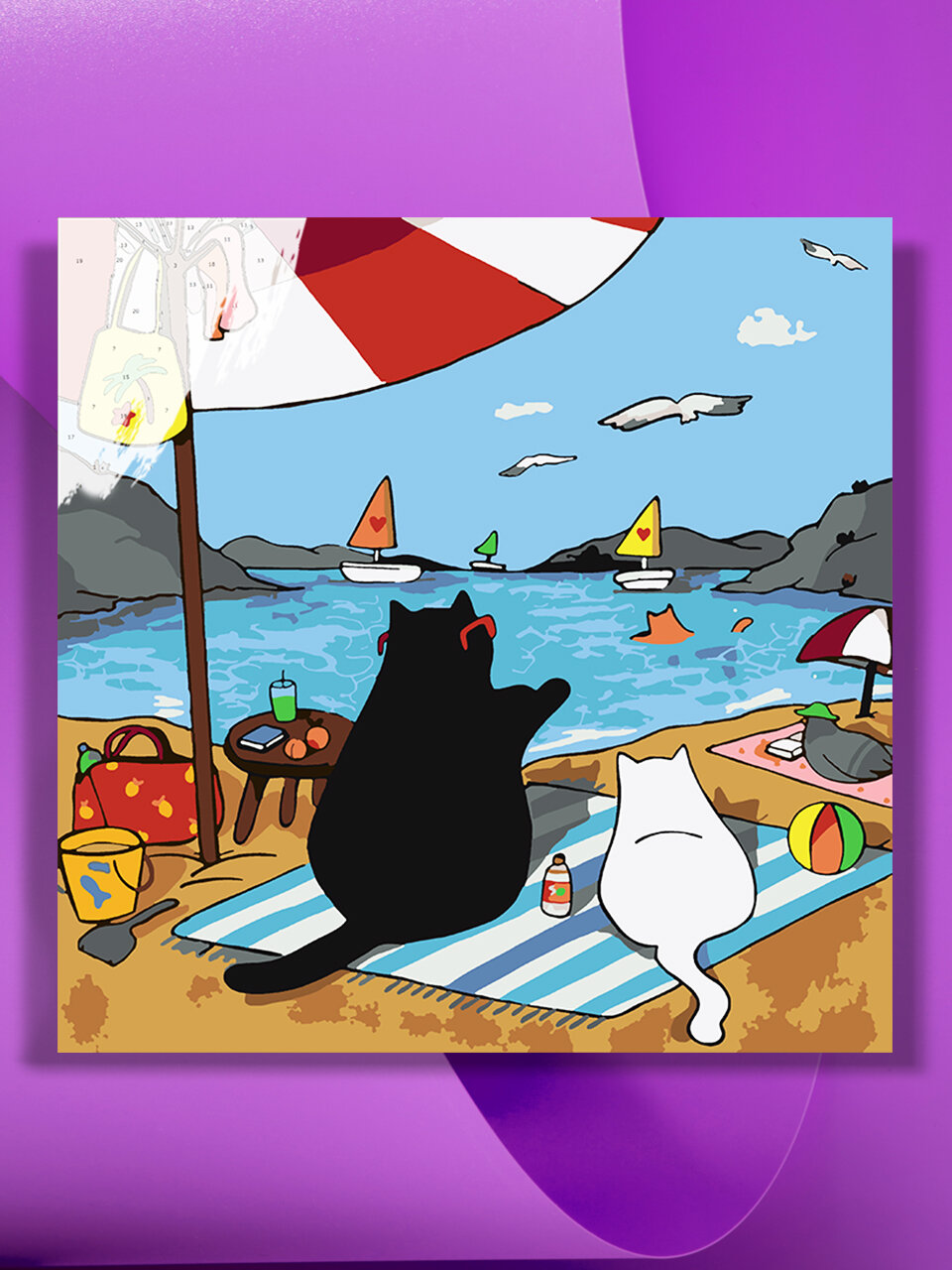 Картина по номерам на холсте Черный кот чиллит на пляже, 40 х 40 см