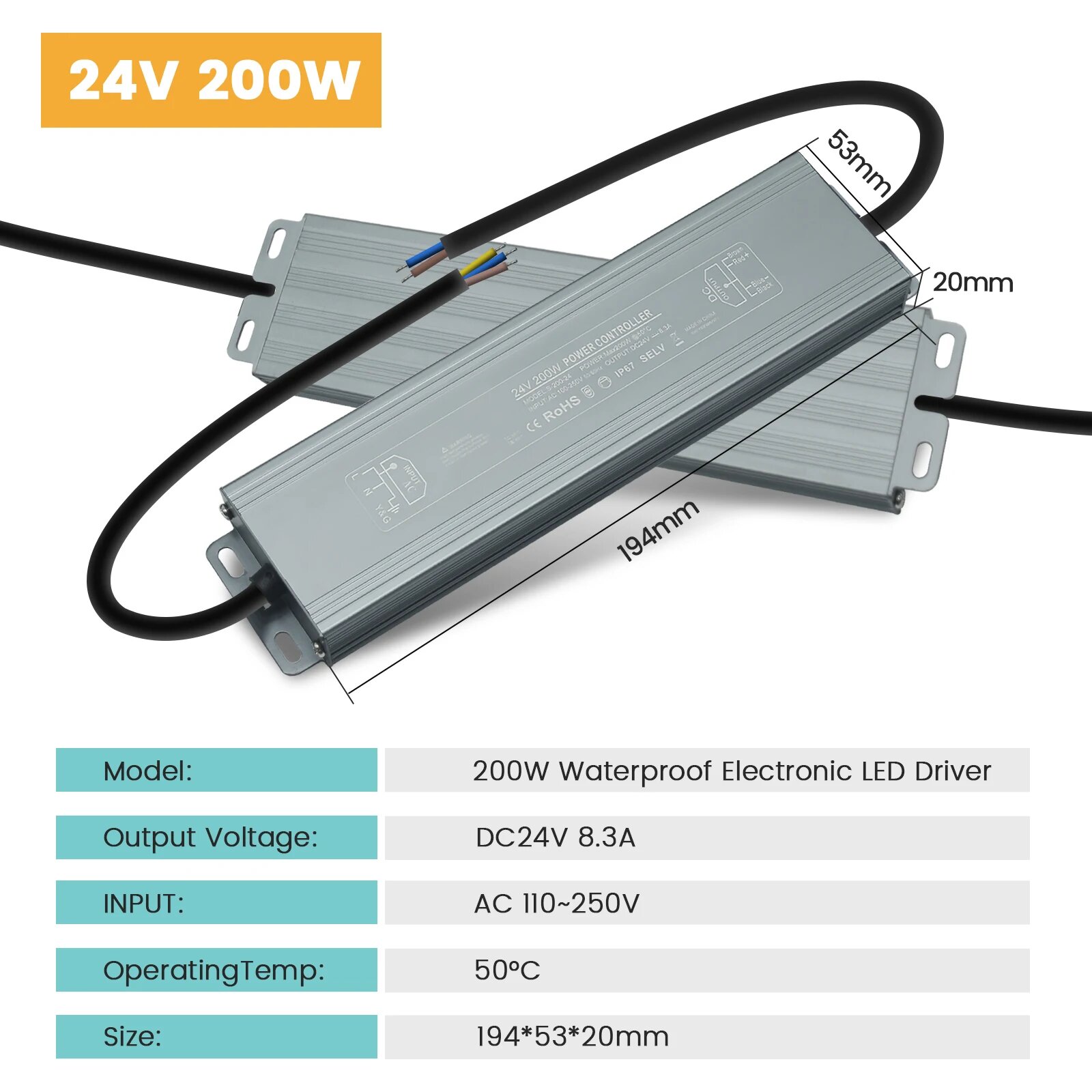 Трансформатор XUNATA для светодиодных лент 60-600Вт 24V 200W