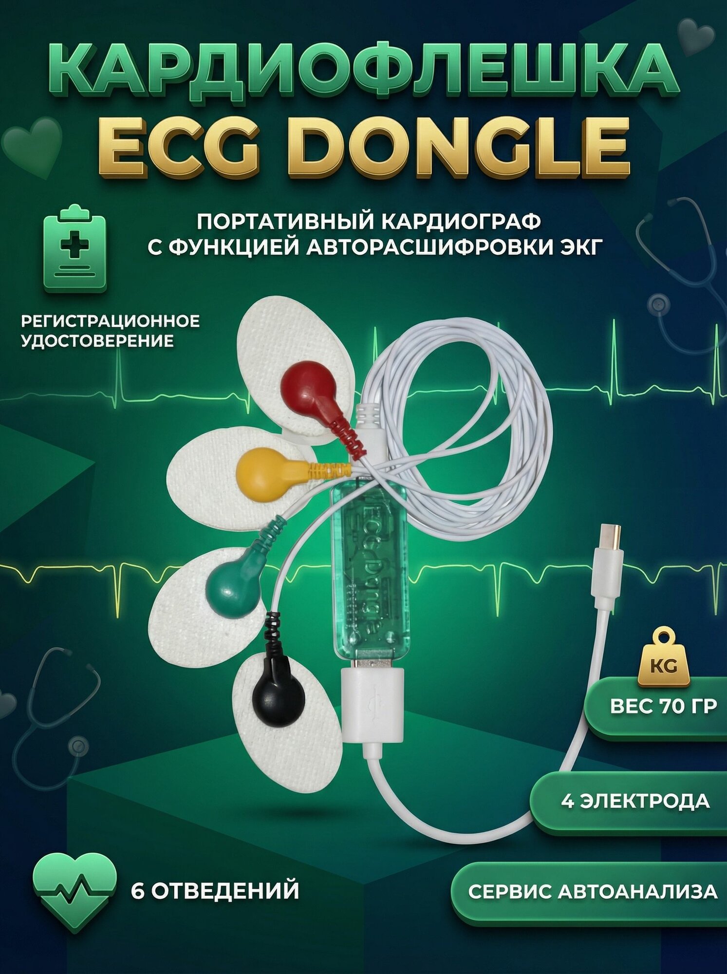 Кардиофлешка ECG Dongle S / Электрокардиограф для дома для съема и расшифровки ЭКГ