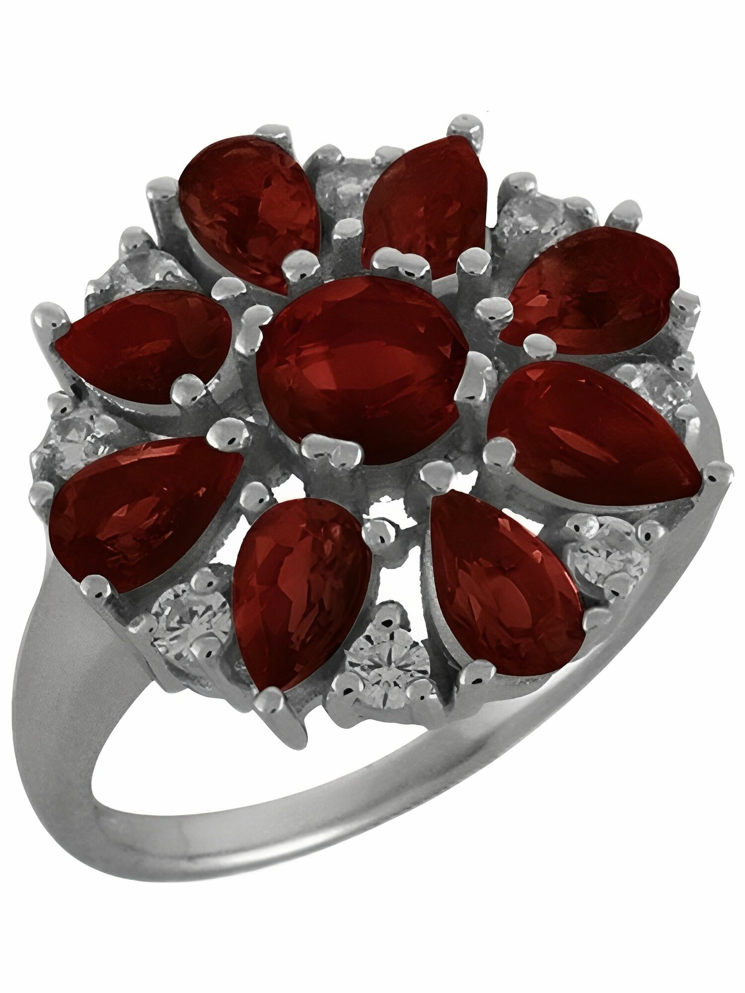 Кольцо тонкое, серебро, 925 проба, родирование, гранат, фианит