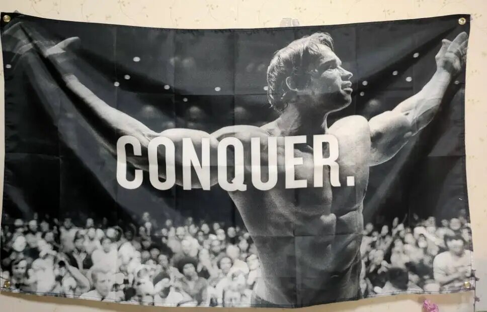 Арнольд Шварценеггер Покорите флаг тренажерного зала Белый, 90 x 150cm, черный