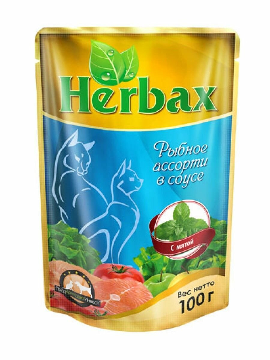 Корм для кошек влажный Herbax 24 пакетика пауч Рыбное ассорти в соусе c мятой