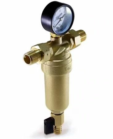 Фильтр 1" TIM (нар-нар) самоочищ. с манометром в метал. корпусе для гор. воды