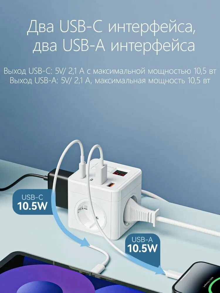 Умный сетевой фильтр с таймером Компактный еврокуб с USB-портами и заземлением для современного дома
