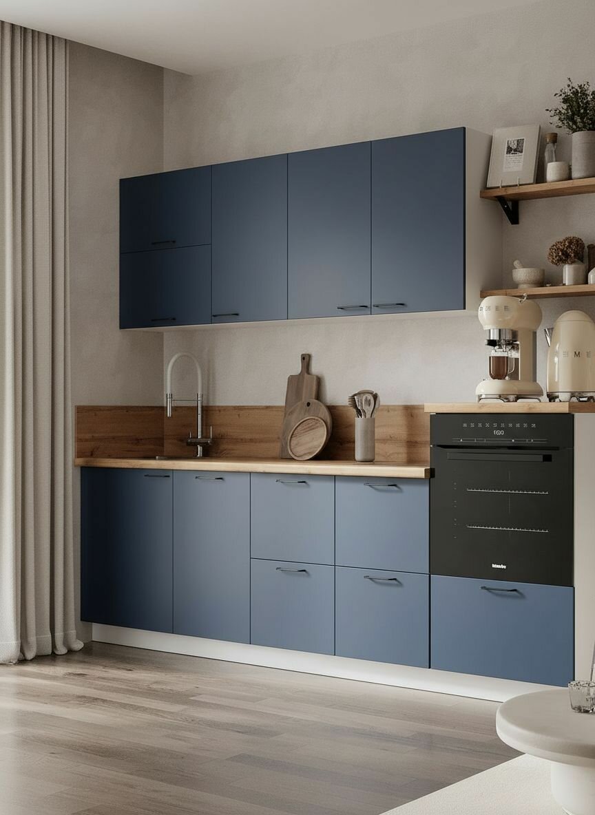 ARNIKA Кухонный гарнитур со столешницей "Дакия" 2,55м х 2,4м, цвет ежевика (синий), фасад пленка ПВХ