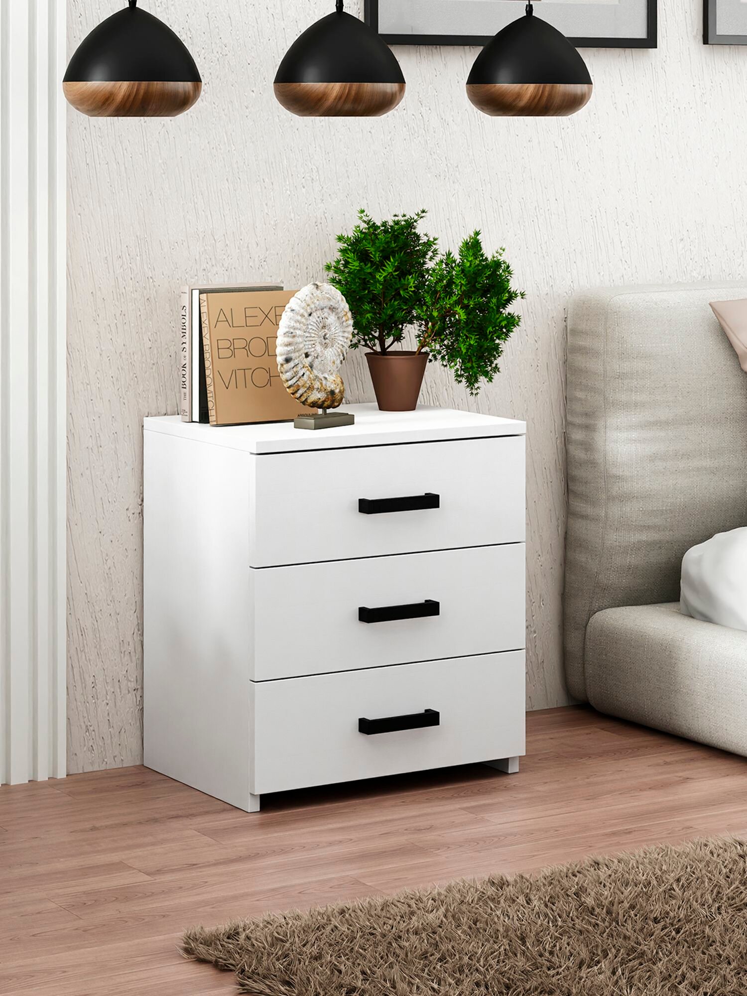 Тумба Vitto-75 белый с 3 ящиками, прикроватная, для прихожей, под стол, в коридор, в спальню, офисная