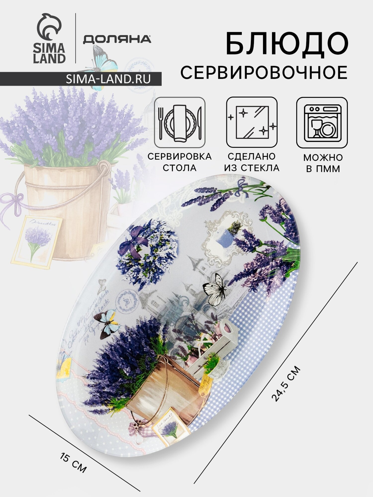 Блюдо стеклянное сервировочное овальное Доляна «Лаванда», 24,5×15 см