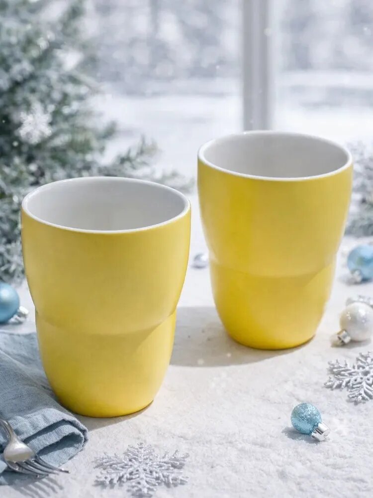 Чашки набор, кружки желтые без ручки "Barista" 2 шт, 500 мл. Стакан для кофе, капучино, чая, коктейлей, фарфор.