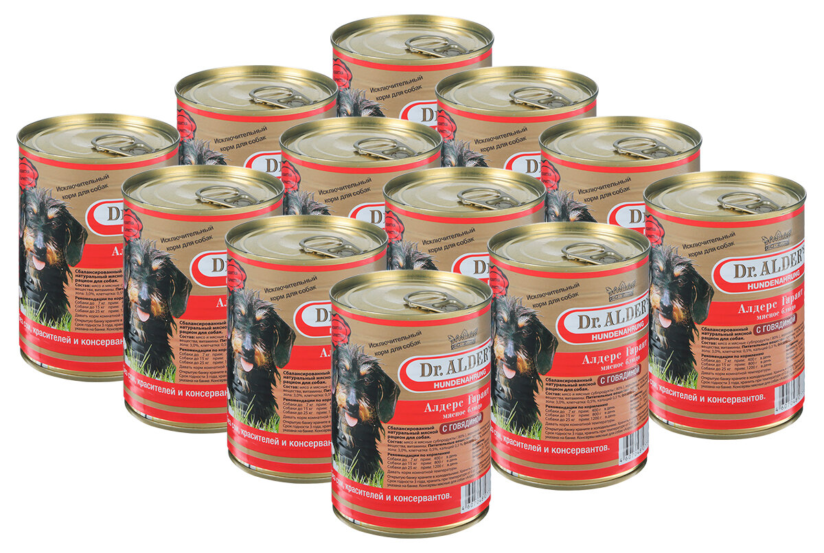 Корм влажный Dr. Alder's Garant для взрослых собак, рубленое мясо с говядиной банка, 410 гр х 12 шт