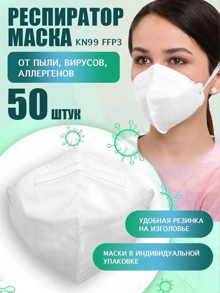 Маски защитные одноразовые KN99 FFP3 одноразовые без клапана 50 шт.