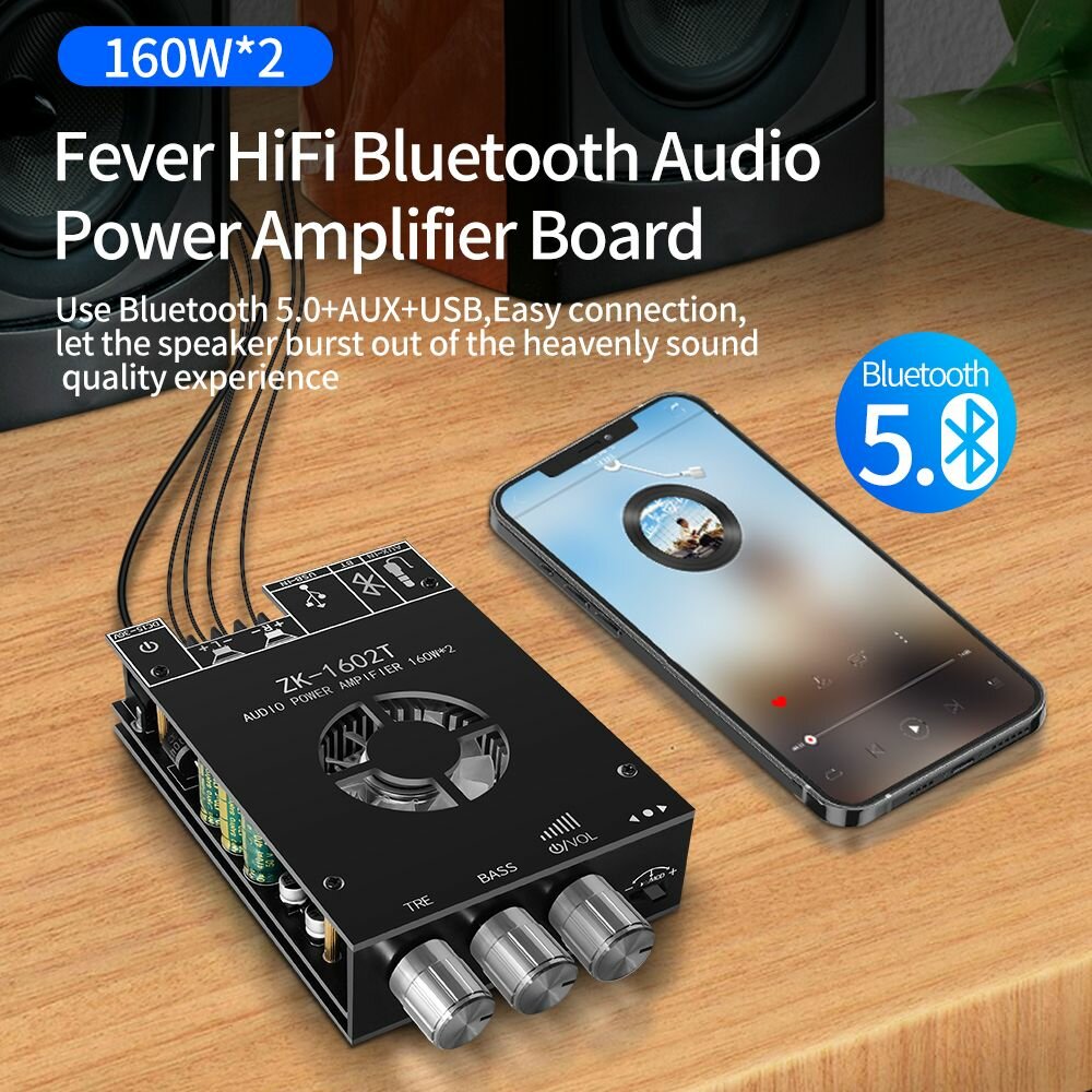 ZK-1602T Аудио Bluetooth усилитель звука, Усилитель автомобильный, мощная мощность,160 Вт + 160 Вт, 2,0-канальный приемник