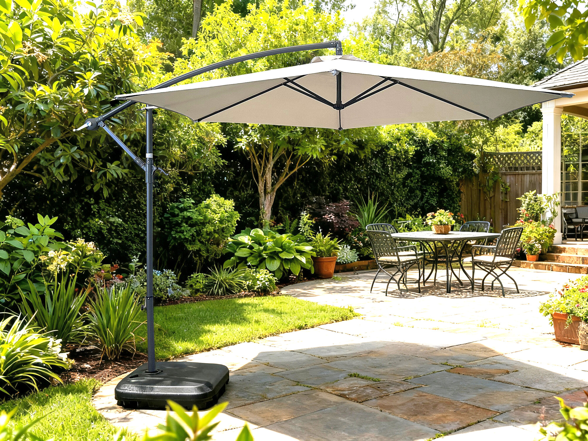 Консольный зонт садовый в комплекте с базой и утяжелителями Full Comfort - PALMA (3х2.8 м) серый. Водооталкивающая ткань