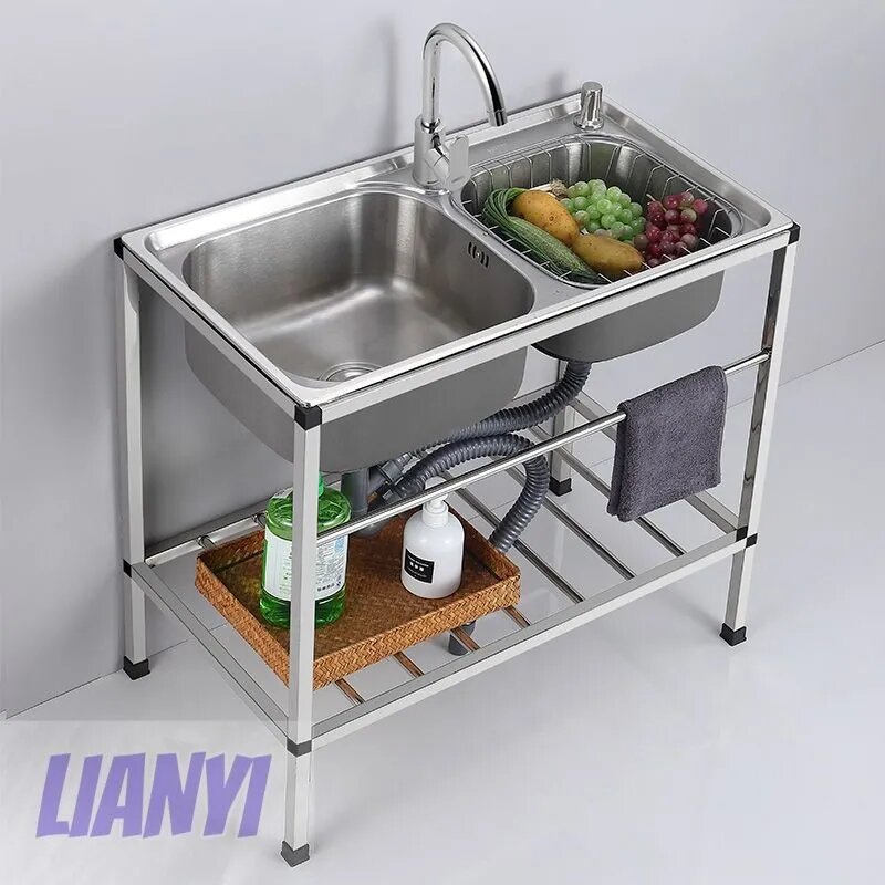 Кухонная мойка, двойная чаша из нержавеющей стали краном для горячей и холодной воды,80CM*43CM