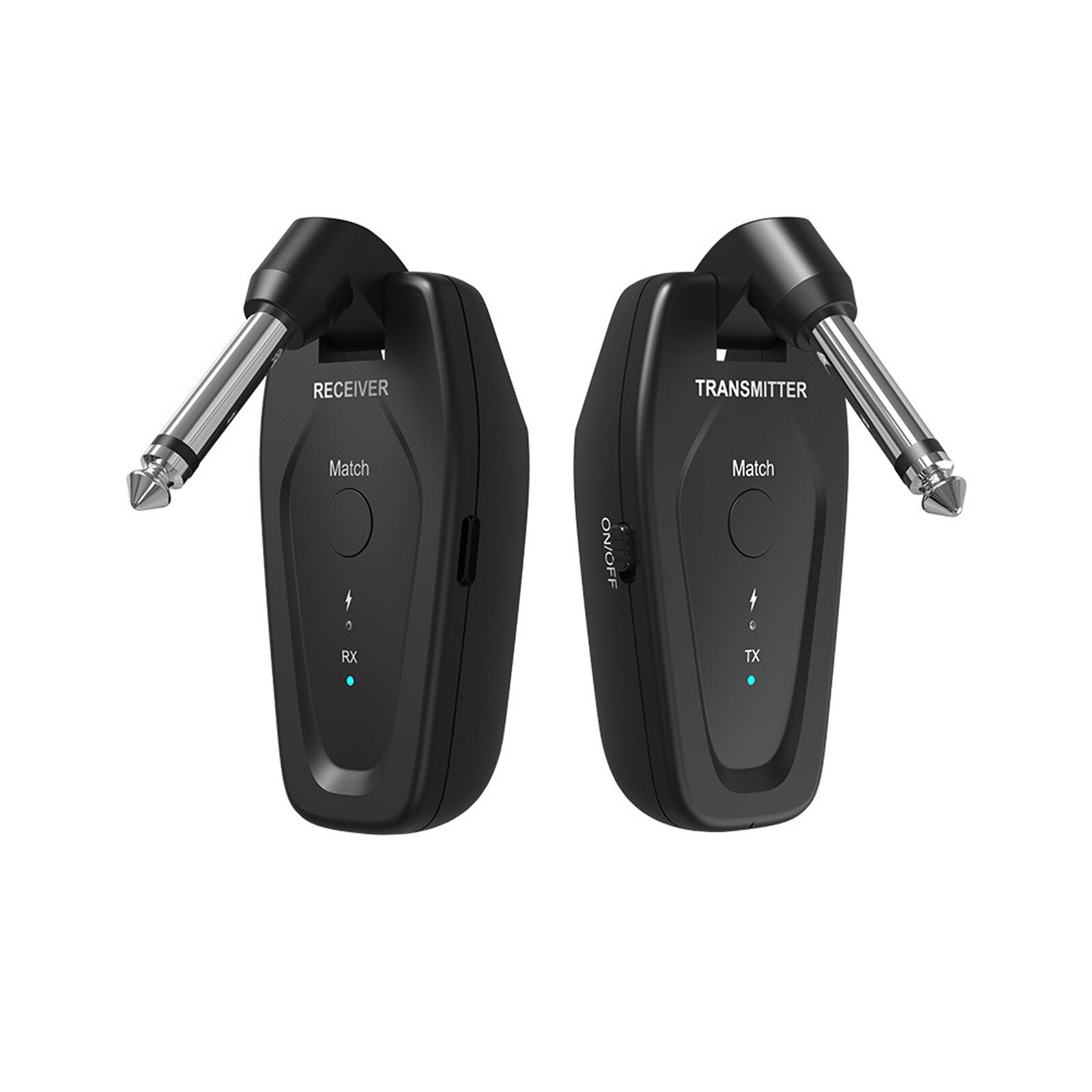 UHF Wireless Transmitter & Receiver System Rechargeable Audio TX RX 6.35mm Plug 50M Transmission Range for Electric Guitar Piano Flute Drum ABS Material 25mW Transmit Power -95dB Reception Sensitivity 30Hz-18KHz Frequency Response <3ms Latency 48KHz