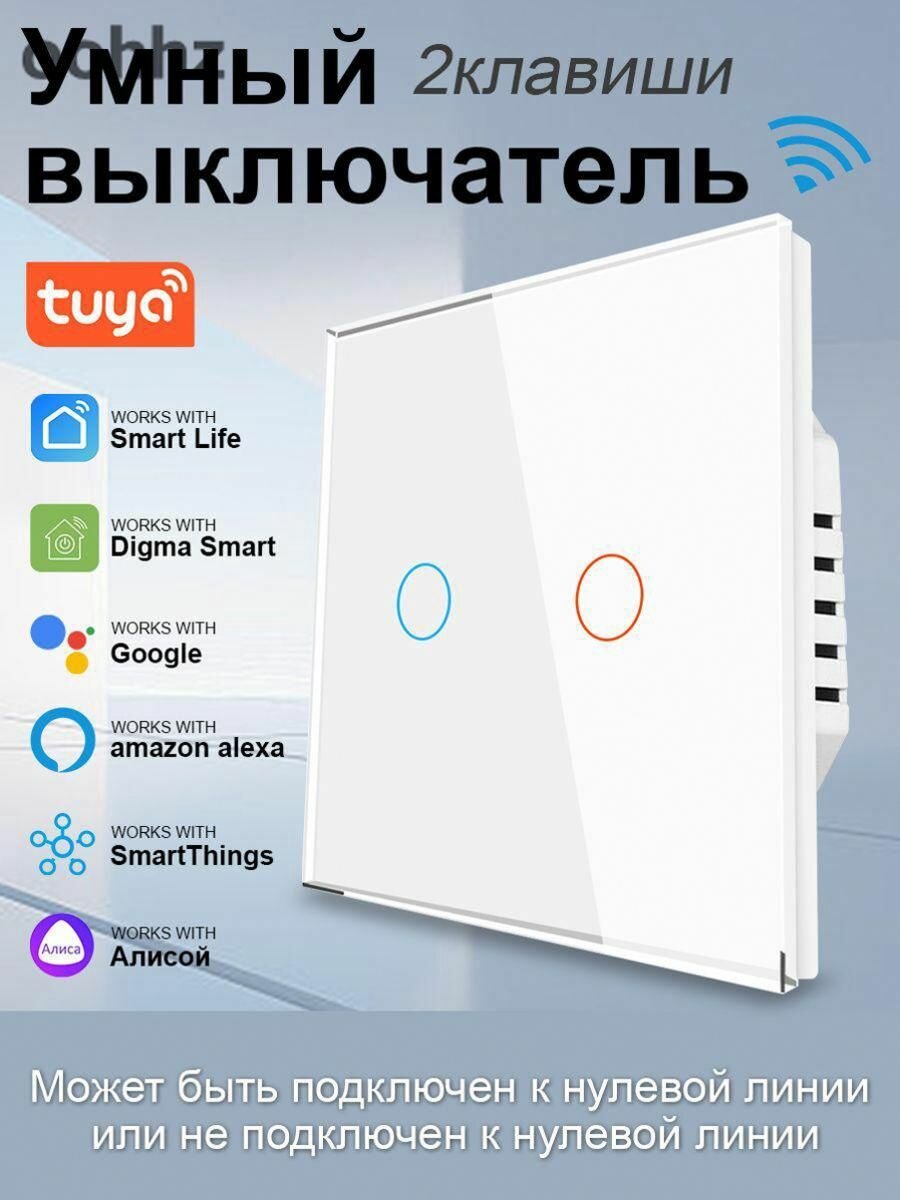 Умный сенсорный выключатель Tuya WIFI smart touch с белыми двойными кнопками