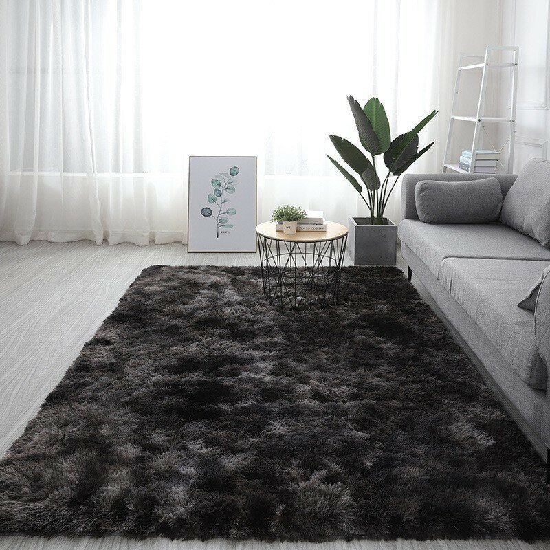 Ковровое покрытие с длинным ворсом, противоскользящее, пятноотталкивающее, Утолщенный - окрашенный в технике тай-дай черно-серый + 140 см * 200 см