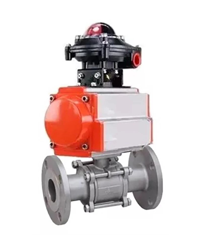 Кран шаровой DN.ru кшфпт 316.180 Ду20 Ру40 фланцевый, полнопроходной, трехсоставной, корпус - нержавеющая сталь 316, уплотнение - PTFE, с пневмоприводом SA-052 и БКВ LSB-510-02ExM12-250 (опрессовано)