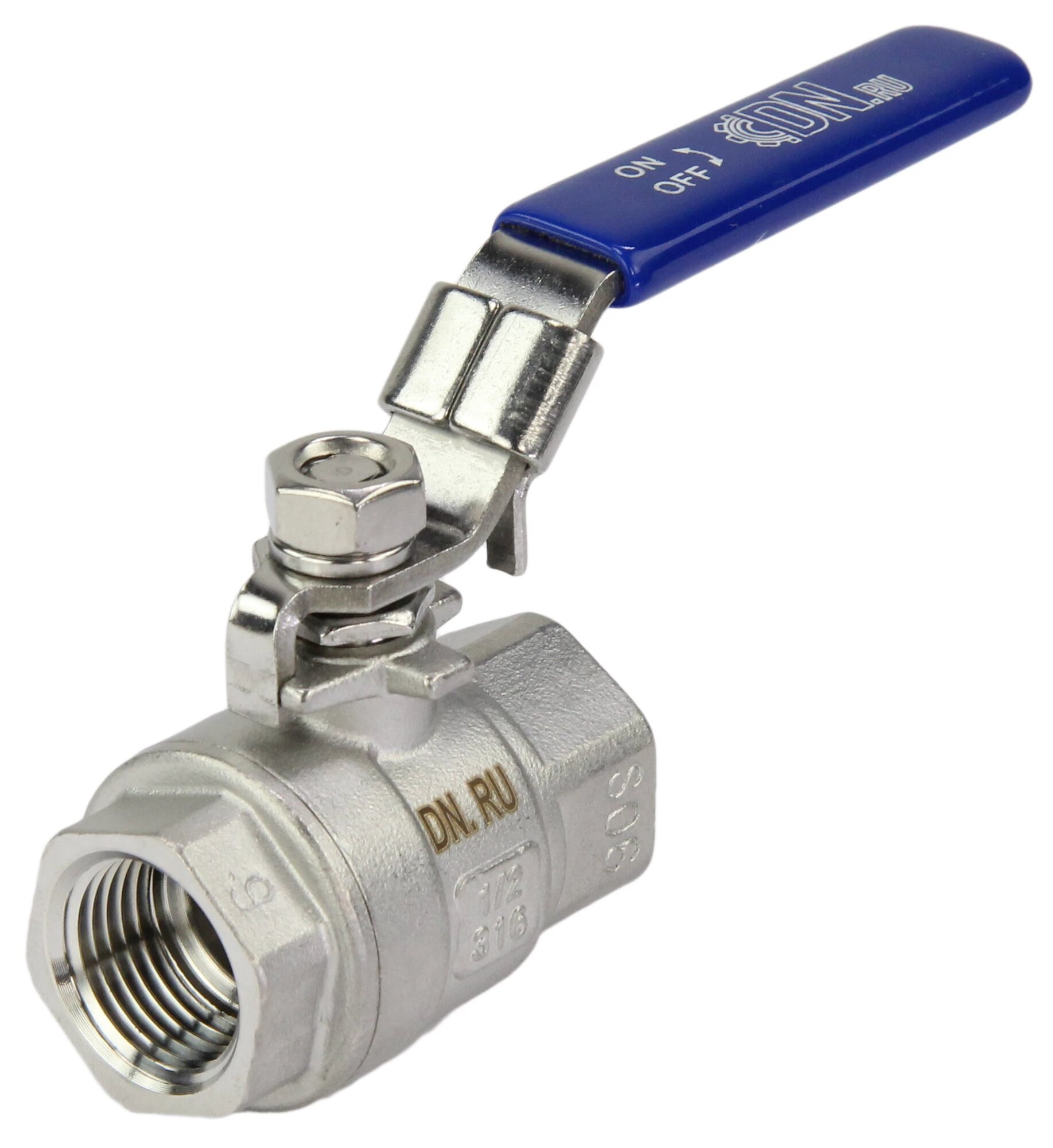 Кран шаровой DN.ru кшмп.316.230 1/2ʺ Ду15 Ру63 полнопроходной двухходовой, нержавеющая сталь SS316, внутренняя резьба, уплотнение - PTFE, ручка-рычаг