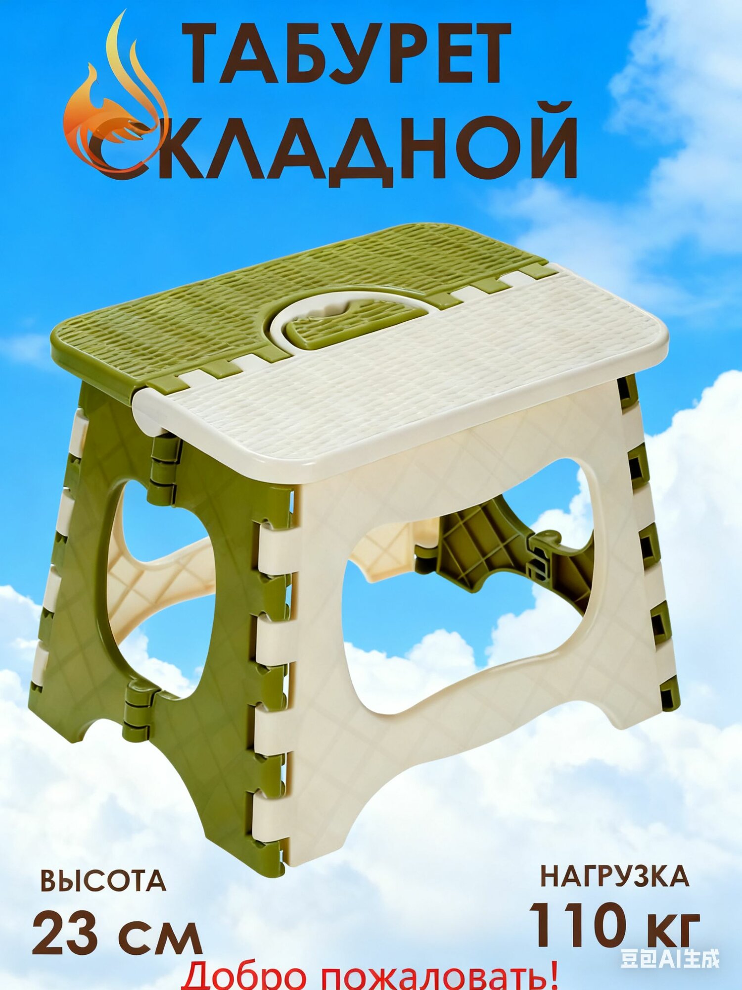 Табурет складной пластиковый, стул складной мультистул малый 23 см, цвет светло-бежевый
