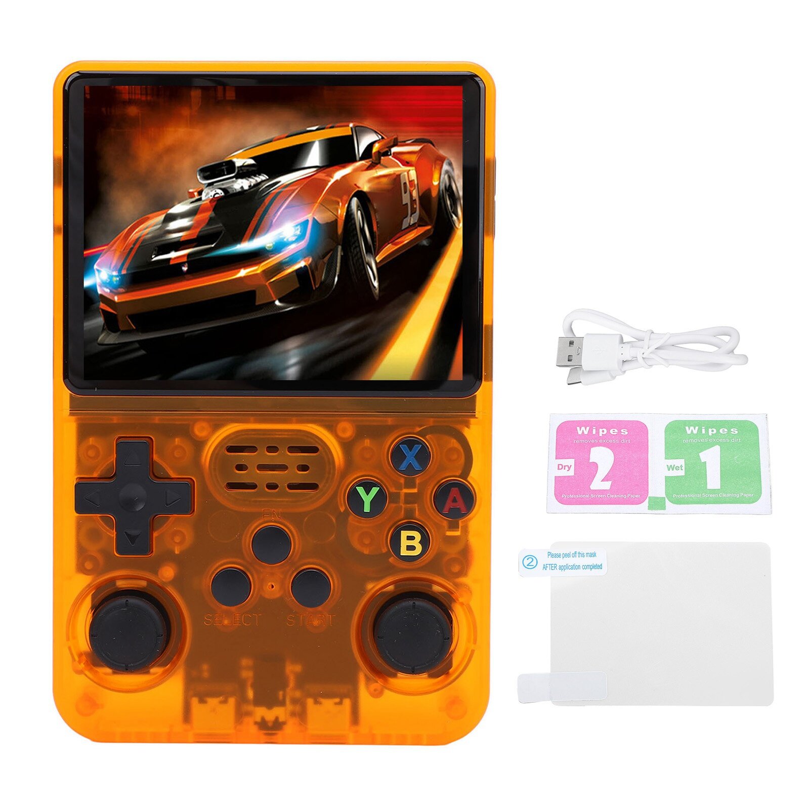 Портативная игровая консоль R36S с 3,5-дюймовым IPS-экраном, поддержкой более 30000 игр, картой памяти 64 ГБ для Linux, прозрачно-оранжевого цвета.