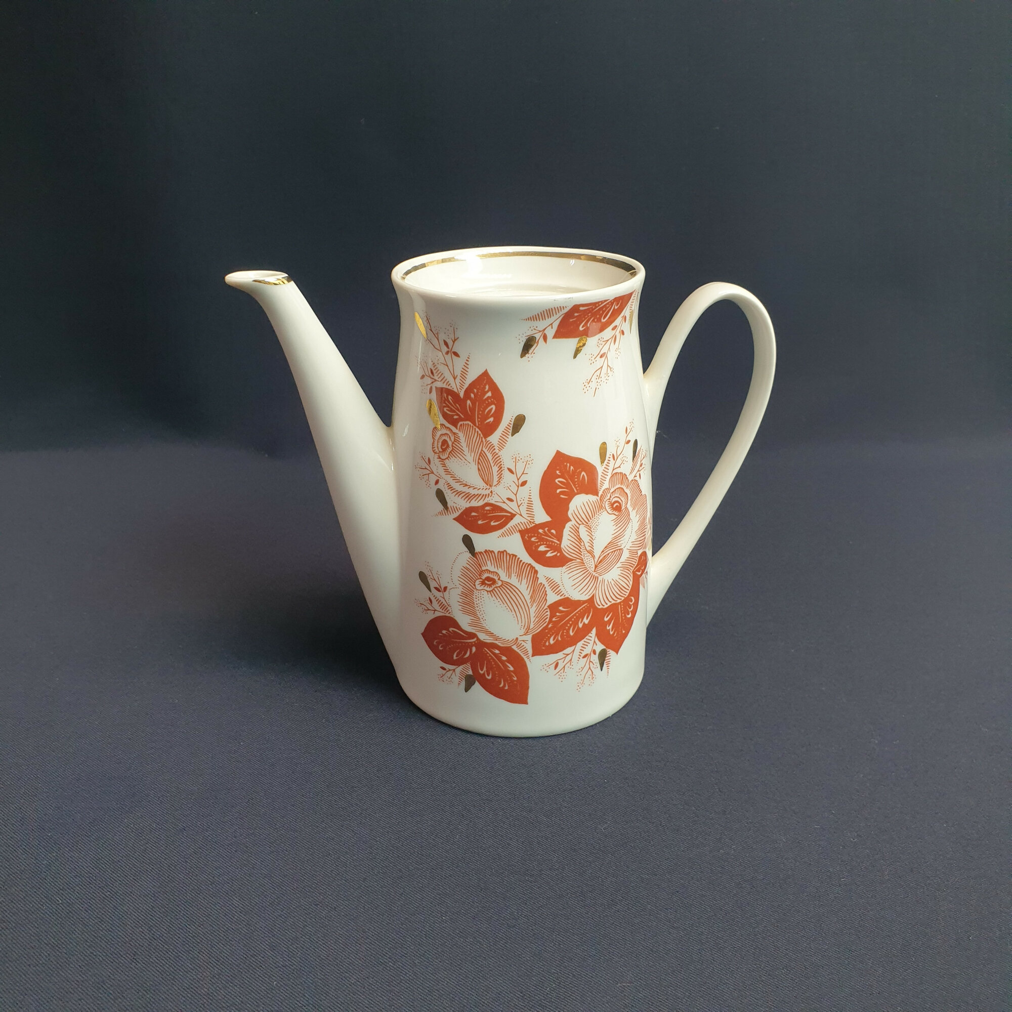 Кофейник без крышки Вербилки, фарфор деколь позолота 1.1 л, винтаж СССР