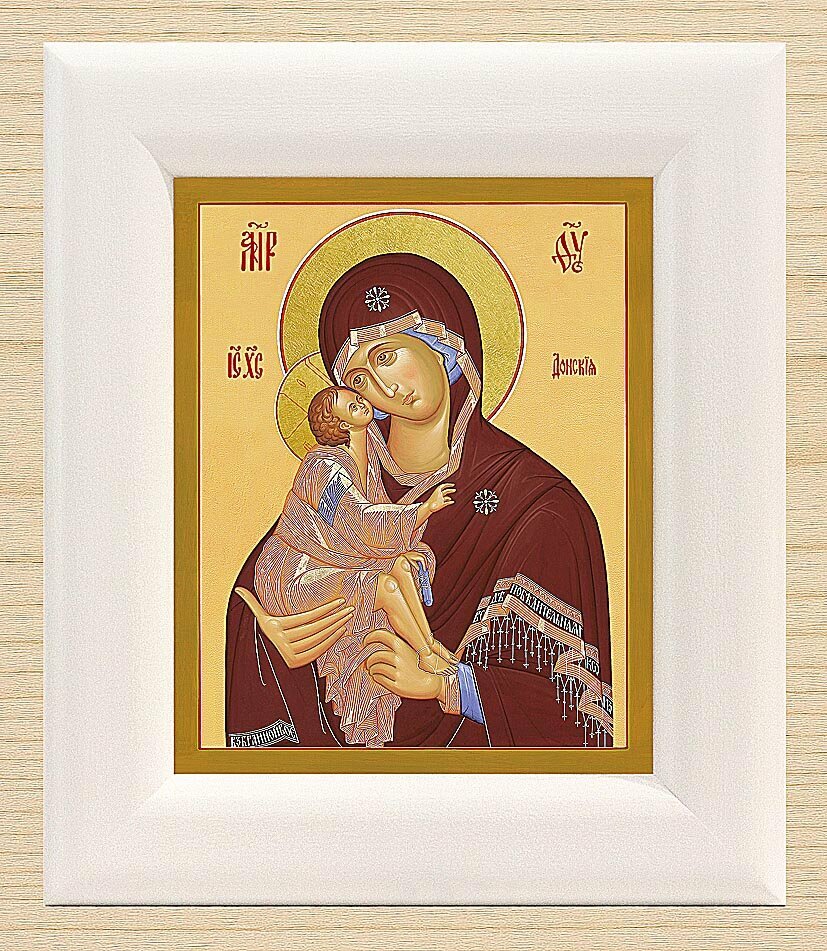 Донская икона Божией Матери, в широкой белой деревянной рамке 14,5*16,5 см