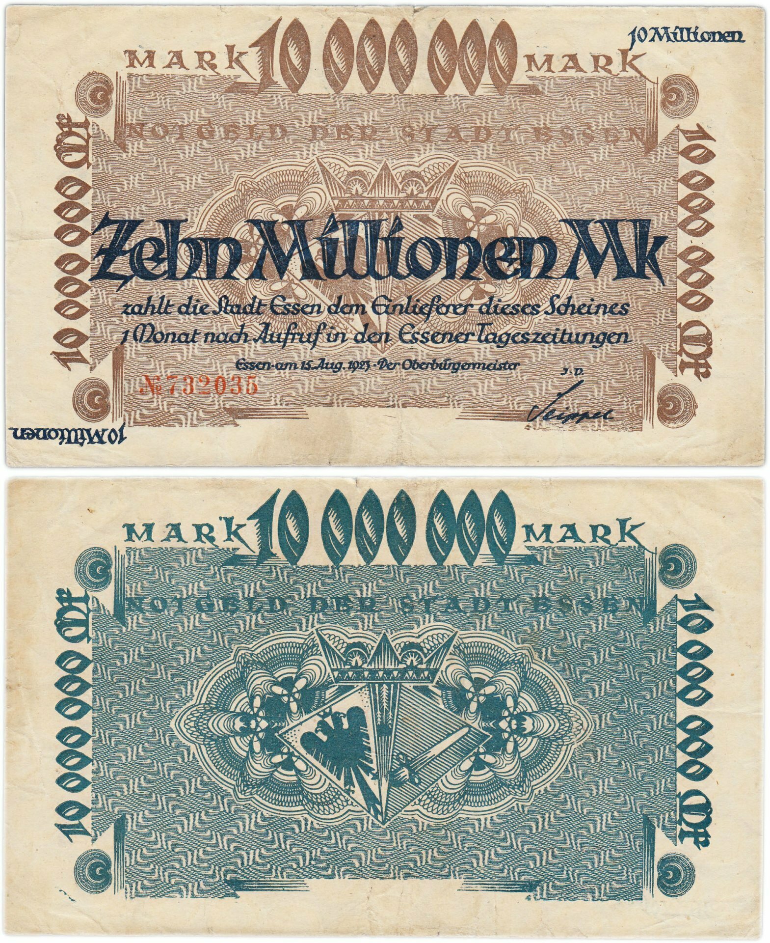 Германия 10000000 марок 1923 год Эссен Essen Нотгельд