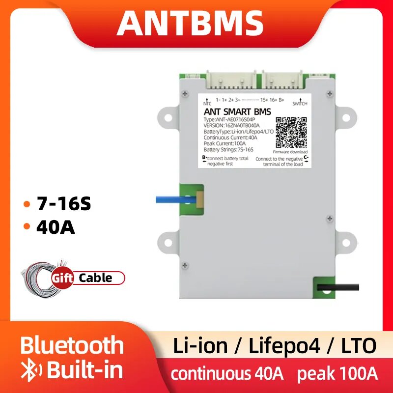ANT BMS 7s 8s 12s 13s 14s 16s smart balance BMS 40A непрерывный пик 100A для li-ion lifepo4 lto 24v 36v 48v 60v bluetooth встроенный