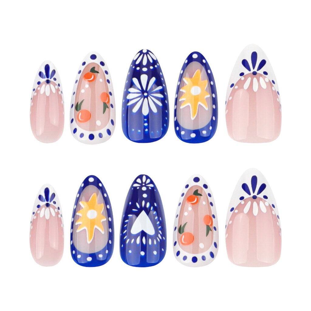 24 Шт Сине-Белый Френч-Наконечник Прижимается К Ногтю Короткий Миндалевидный Накладной Ноготь Полное Покрытие Приклеивается к Ногтю Цветы Акриловый Ноготь