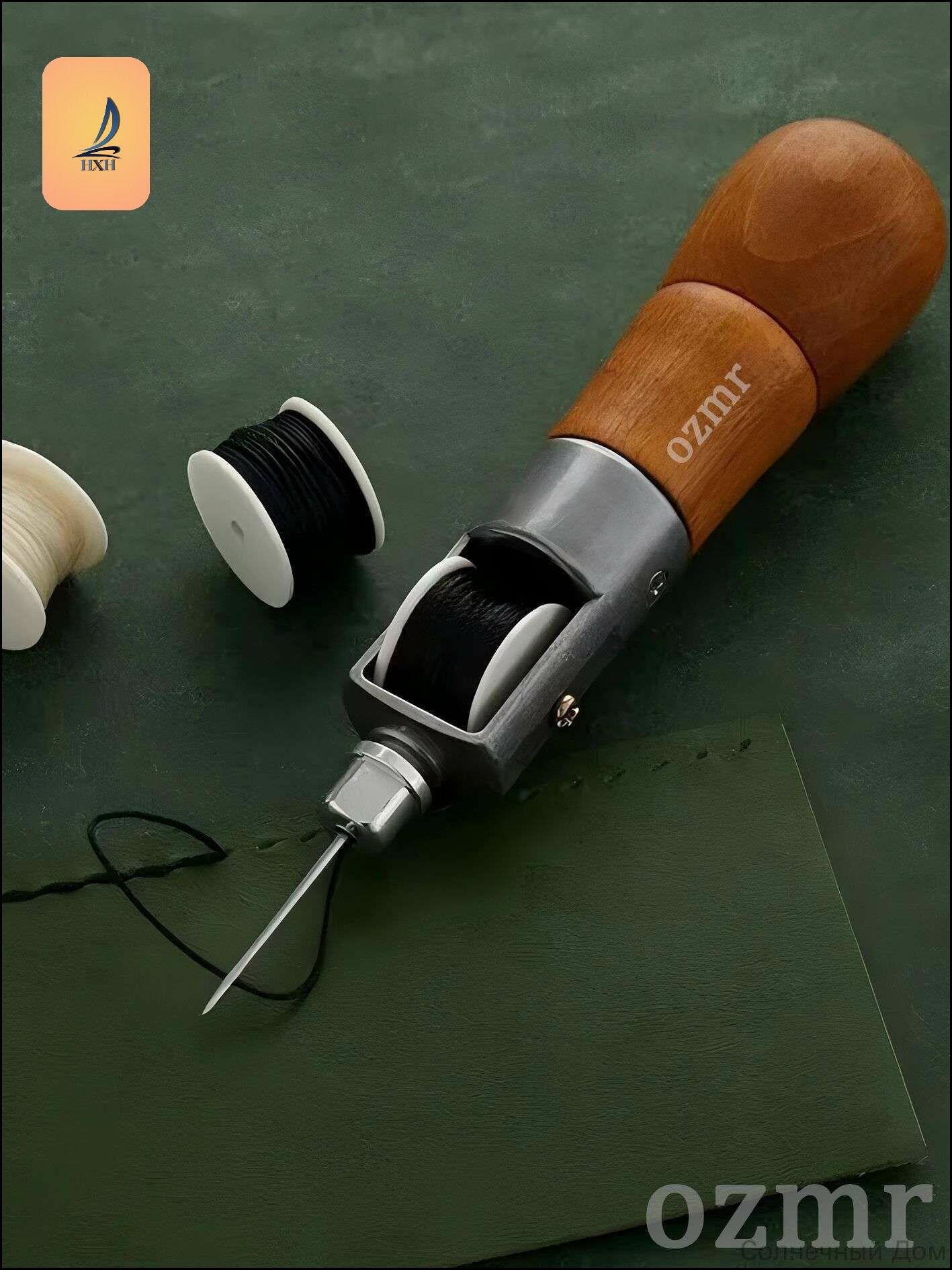 Машинка для шитья по коже, нить вощеная черный цвет, 2 иглы в комплекте