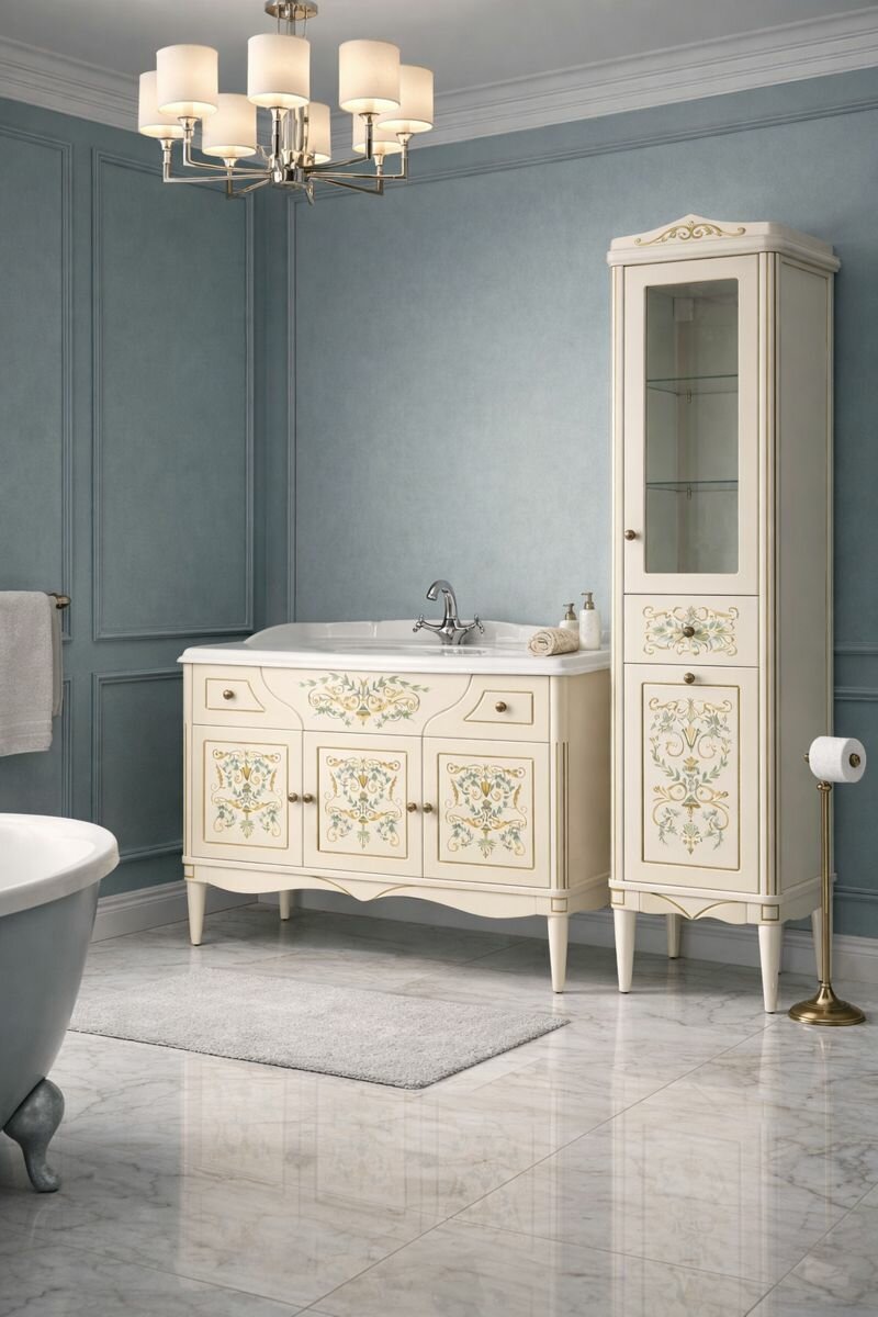 Комплект мебели в ванную напольный Belux Верди 111 см, слоновая кость: тумба с раковиной, пенал