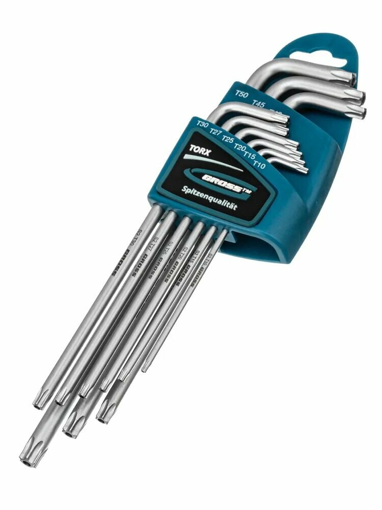Набор имбусовых ключей , Torx-Torx Tamper T10-T50, экстрадлинные Г-образные из стали S2 с сатинированной поверхностью, 9 штук в пластиковом держателе с клипсой, 16408