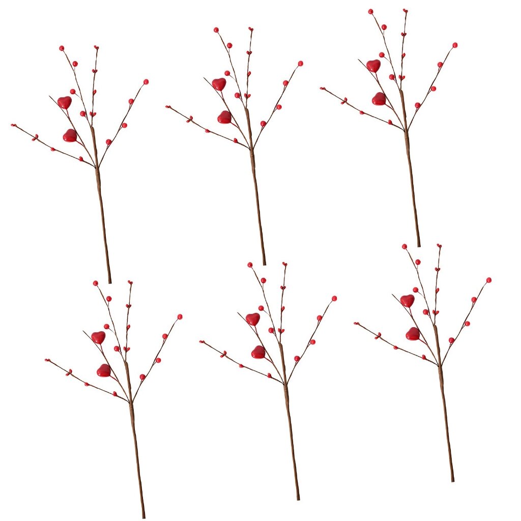 Набор из 6 ягодных веточек в форме сердца, украшенных вставками из прочного пластика.