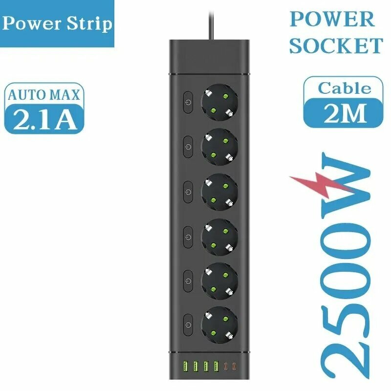 Удлинитель сетевой 6 розетки, Сетевой фильтр с usb type c, 2м