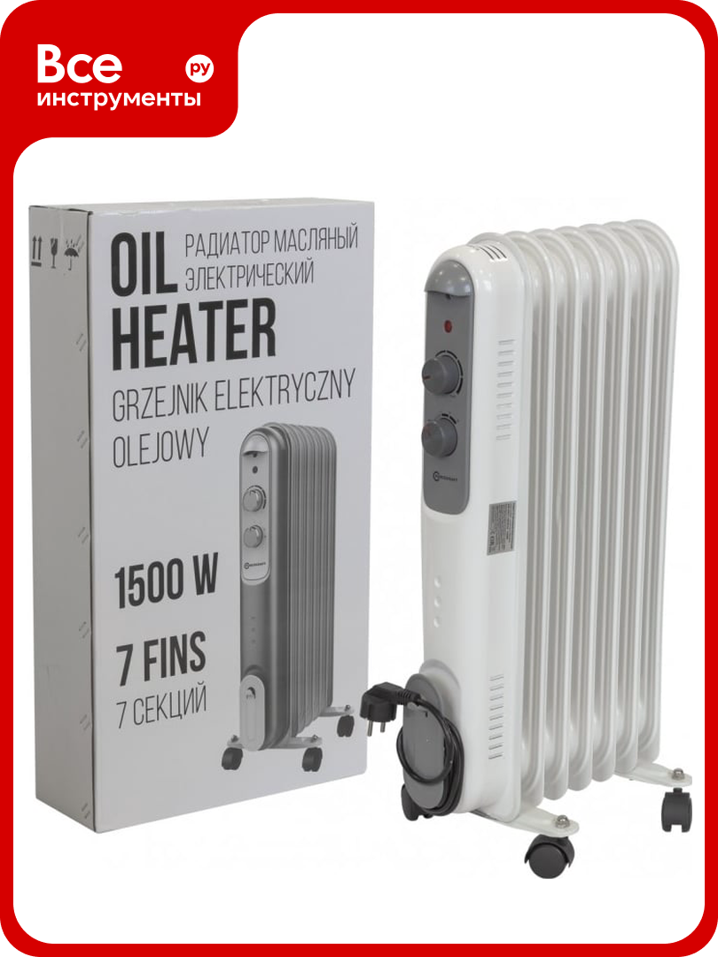 Радиатор масляный электрический Forcekraft 220-240V,50/60 Гц, 1500Вт, 7 секций 11x58 см, 3 режима нагрева, защ. от перегрева, 33x24x62.5 см FK-YL-B14E-7(52333)