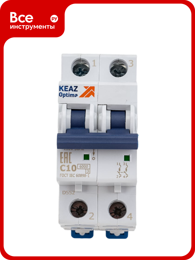Автоматический модульный выключатель КЭАЗ OptiDin BM63-2C10-УХЛ3 260597 белый корпус IP20, двухполюсный автомат