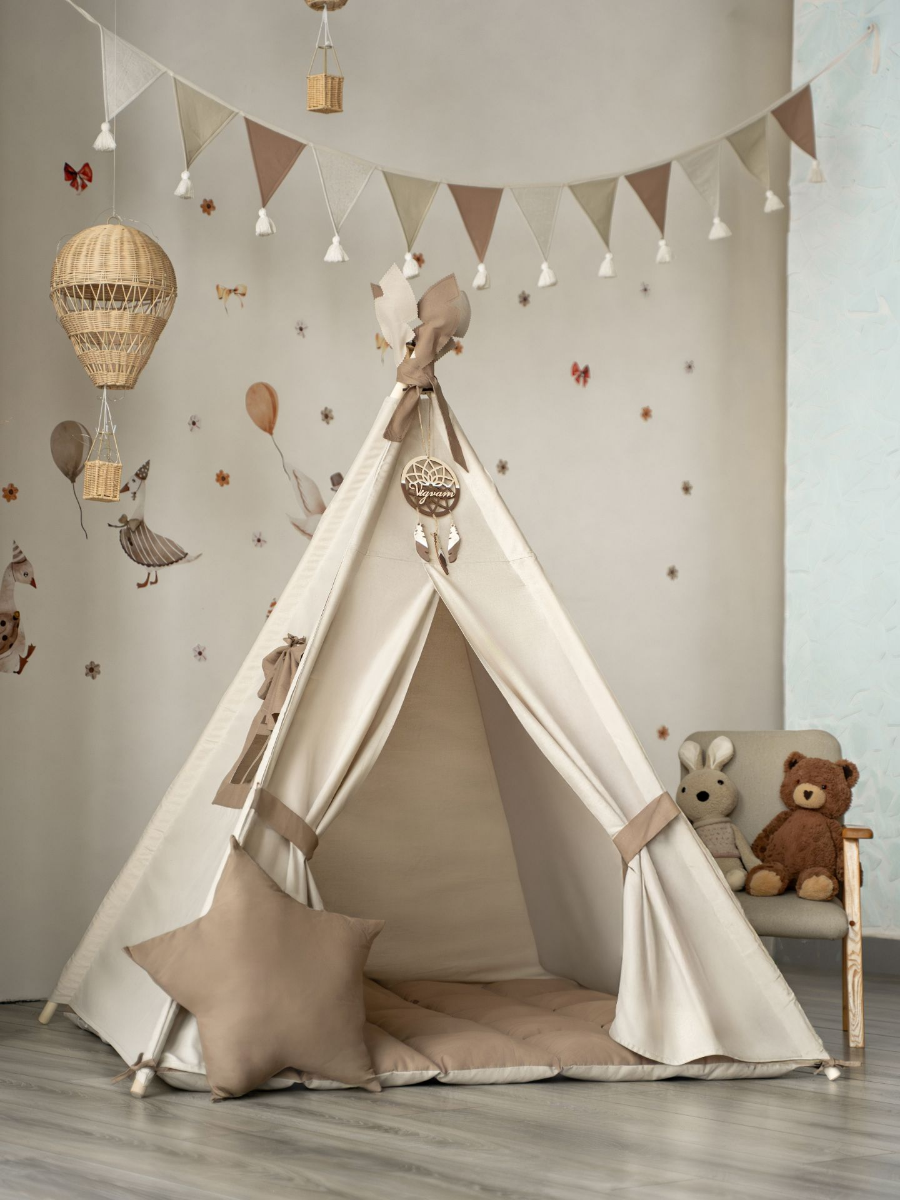 Вигвам babysmail, с ковриком, подушкой звездой, подвеской ловец снов, дерево, ткань