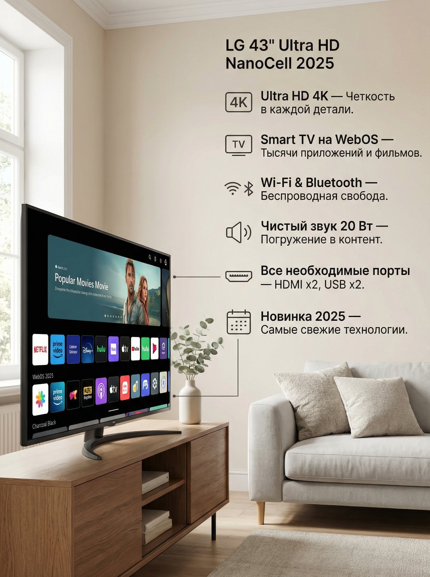 Телевизор ЖК 43' LG Ultra HD, Nano Color, Smart TV, WebOS, Wi-Fi, DVB-T2/C/S2, MR, 60Hz Native, 2.0ch (20W), 2 HDMI, 2 USB, 1 Pole, Charcoal Black, 2025
