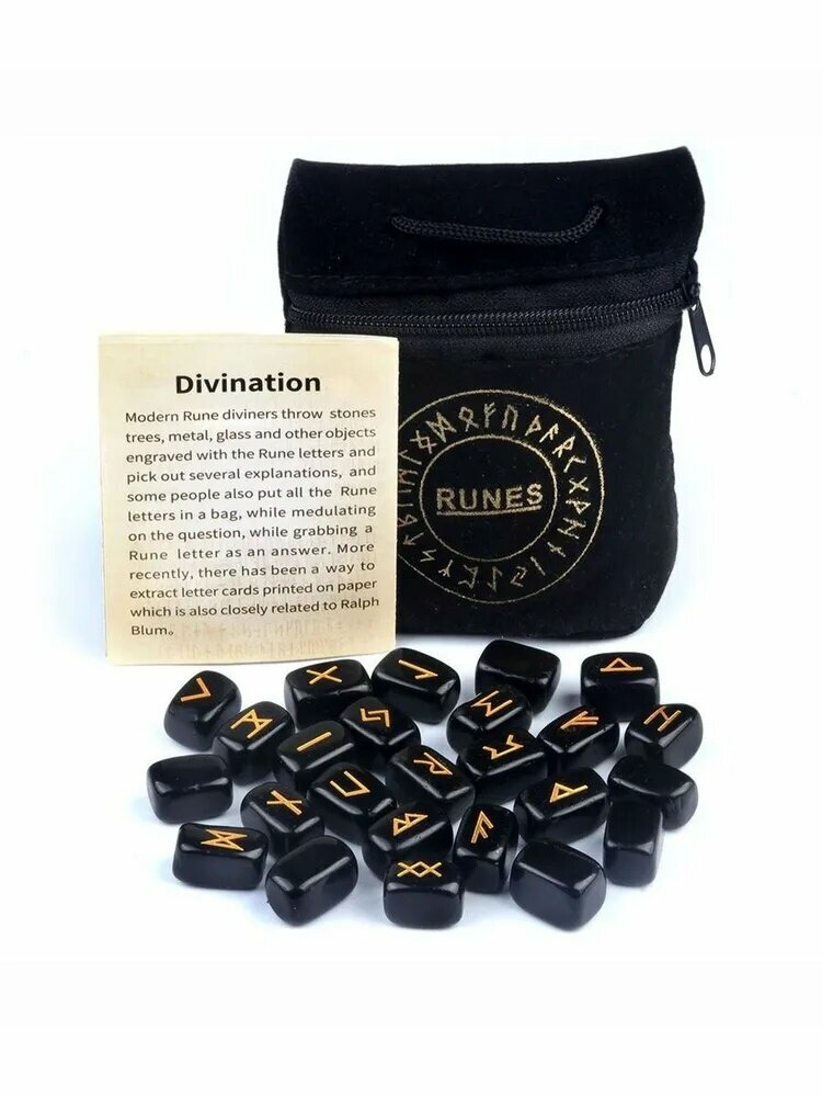 Руны скандинавские для гадания из Черного Обсидиана, Набор 25 шт из натурального камня с мешочком и инструкцией на русском. Старший Футарк