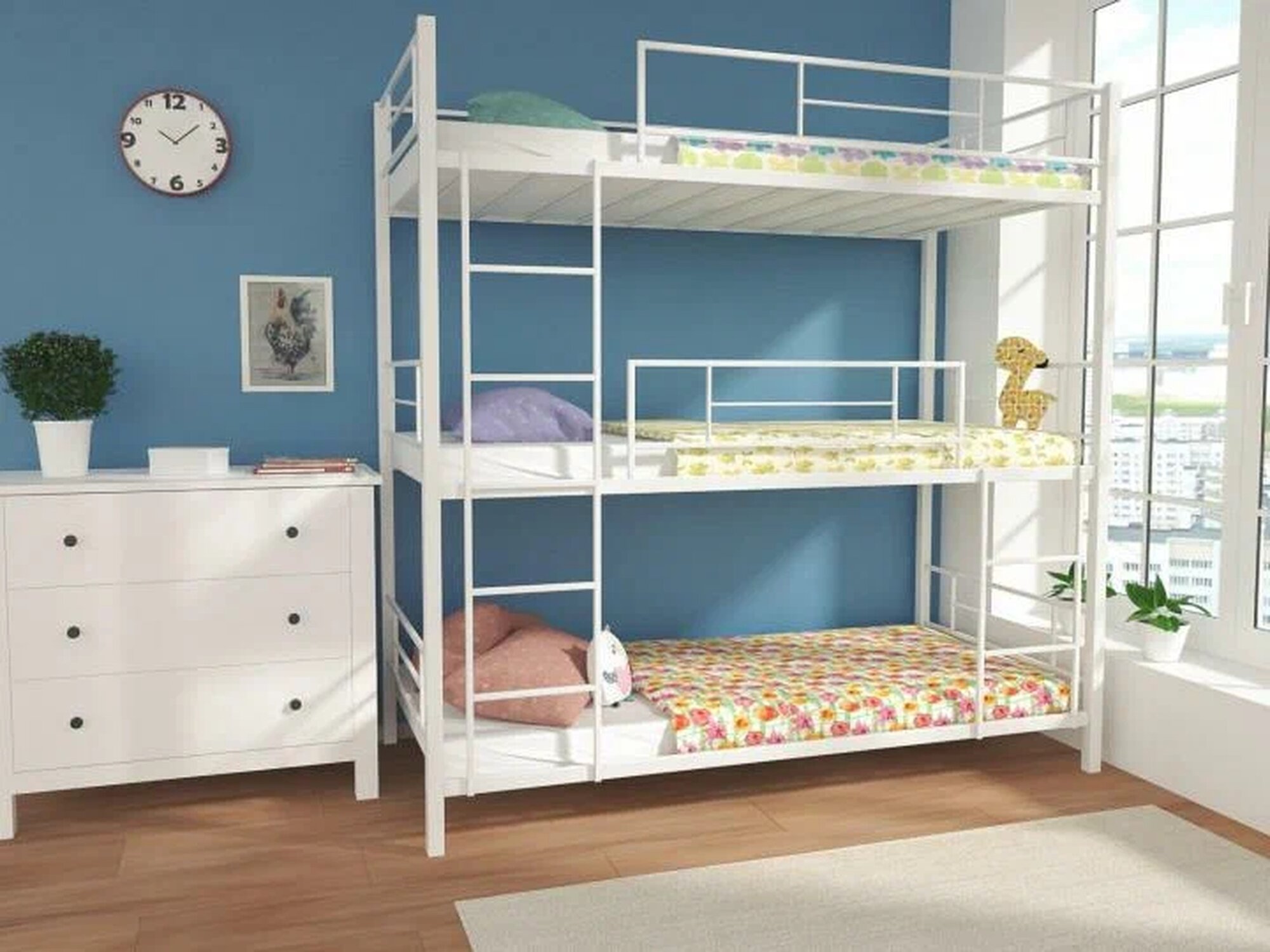 Трехъярусная Кровать Мебель-Друг Валенсия, для детей, белая, реечное основание