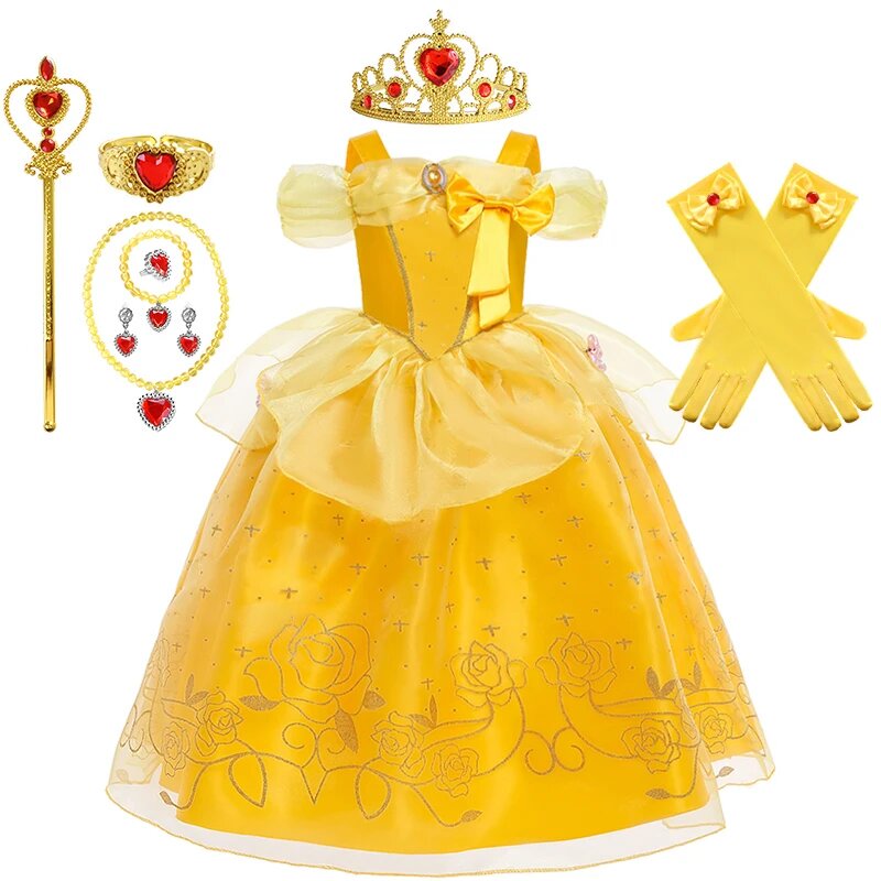 Костюм для девочек: Платье принцессы Ауроры (Спящая красавица), Белль, для Хэллоуина, косплея, маскарада, дня рождения, детский карнавальный наряд