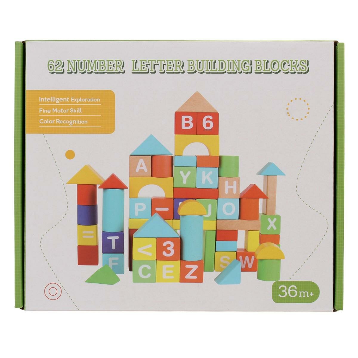 Конструктор деревянный для развития ребенка, 62 элемента, буквы, цифры, разноцветные фигуры, коробка 26х3,5х22 см