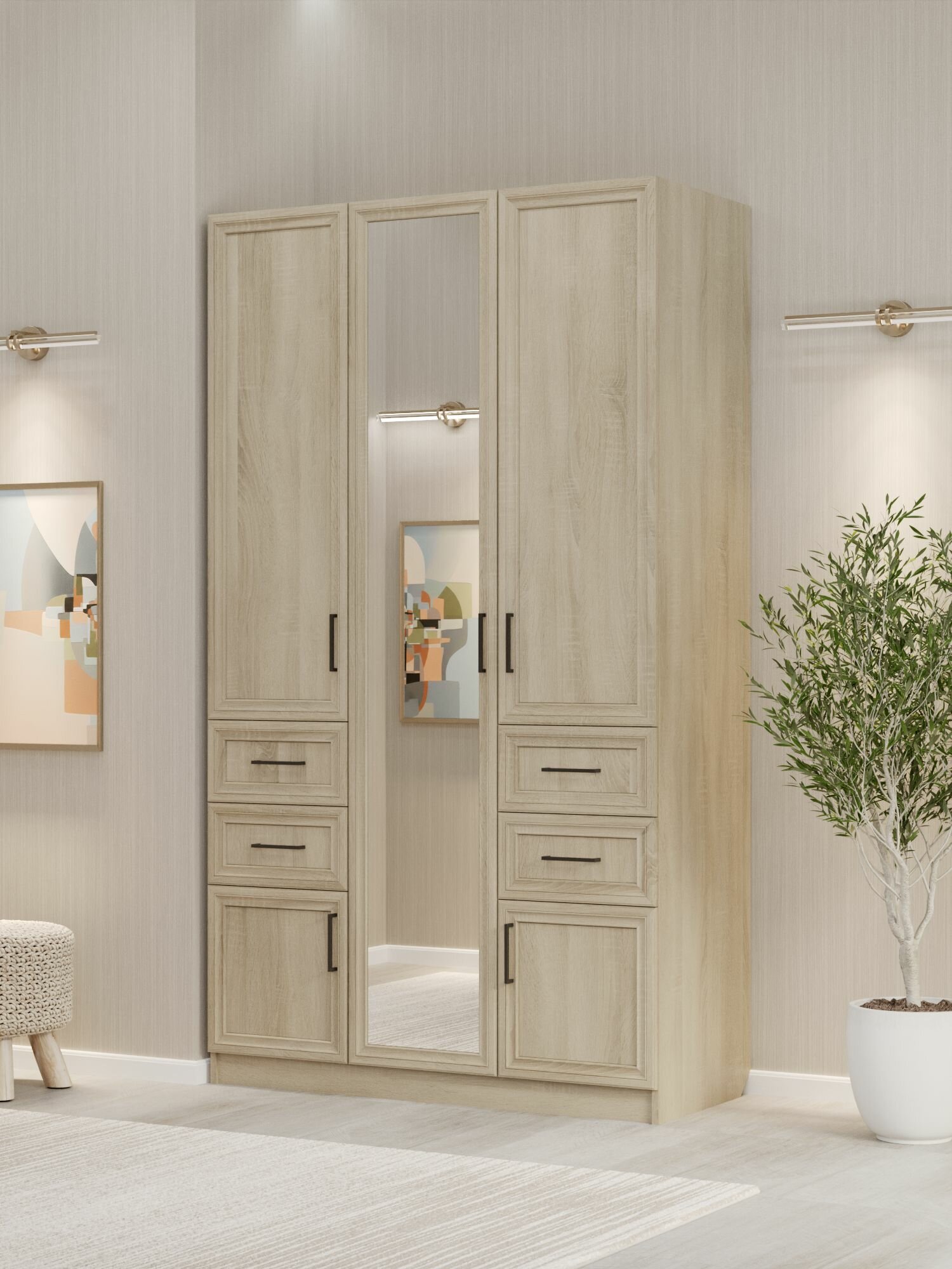 InHouse Шкаф распашной ШК-3/4 Сонома 120х52х210, фасады МДФ