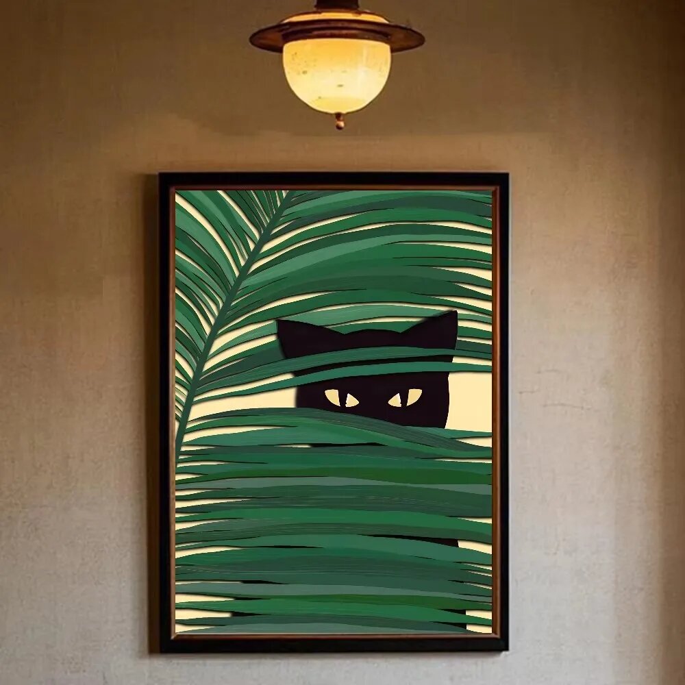 Абстрактный принт на холсте "Черная кошка, читающая газеты Темно-зеленый, WO1769-4, 20X30cm Unframed
