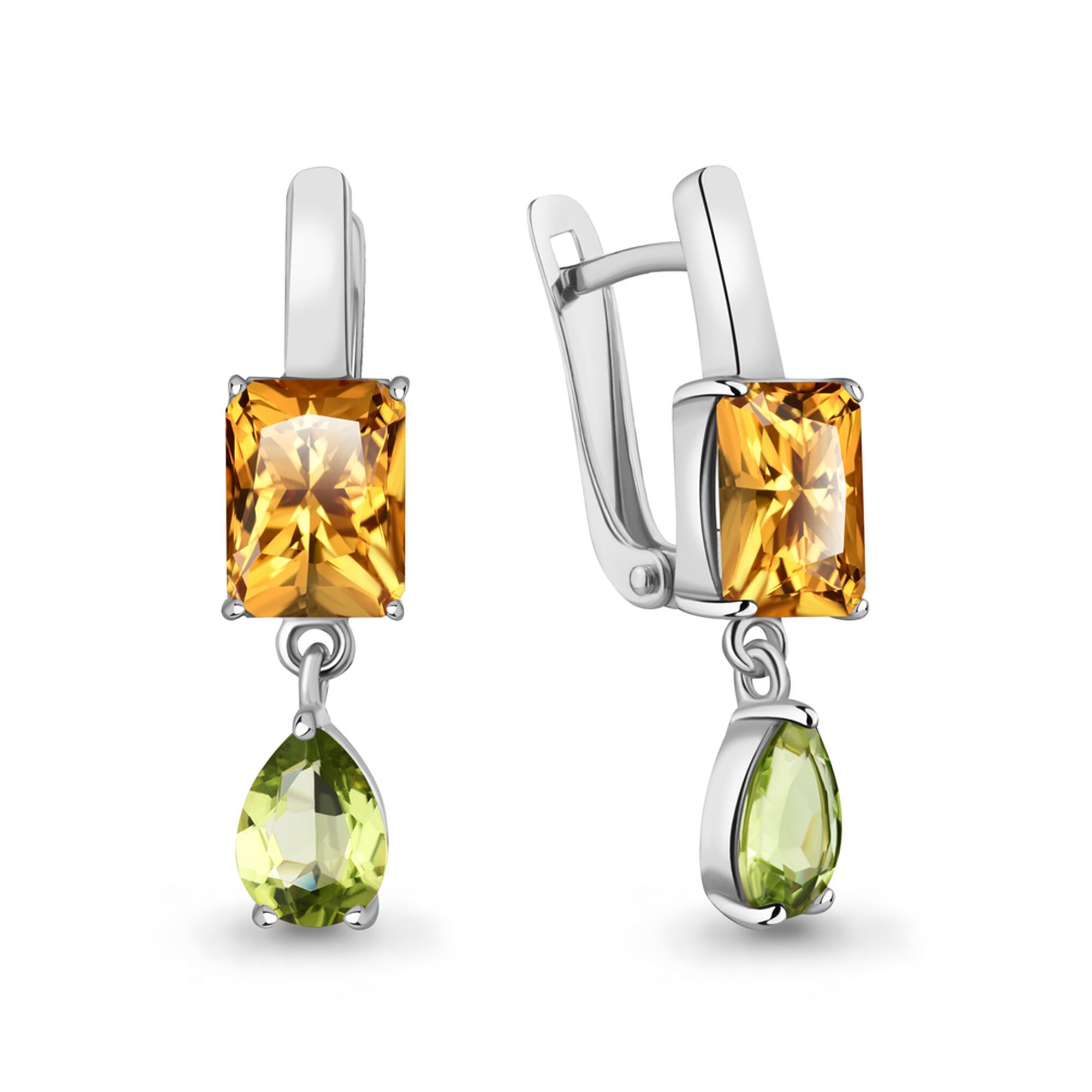 Серьги, серебро, 925 проба, родирование, хризолит, цитрин