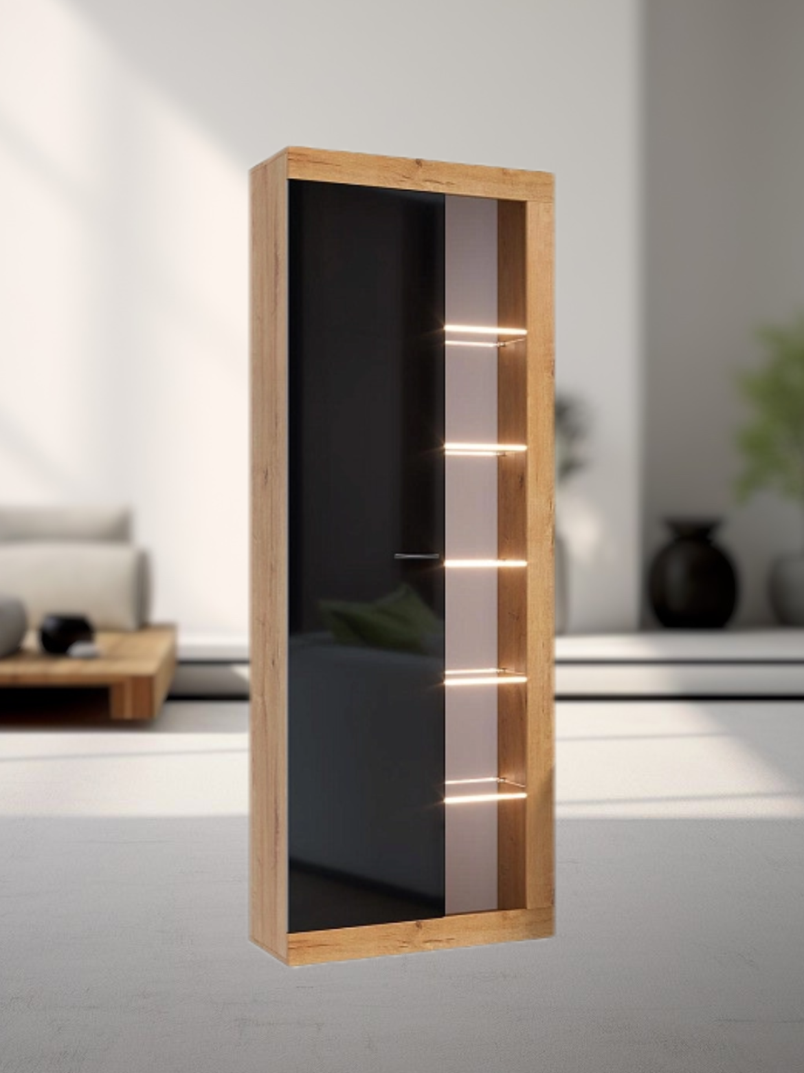 Шкаф-витрина однодверный, 5 полок, стекло, подсветка, Прага, 66.7х194х37.6 см, ЛДСП, Черный глянец / Дуб вотан