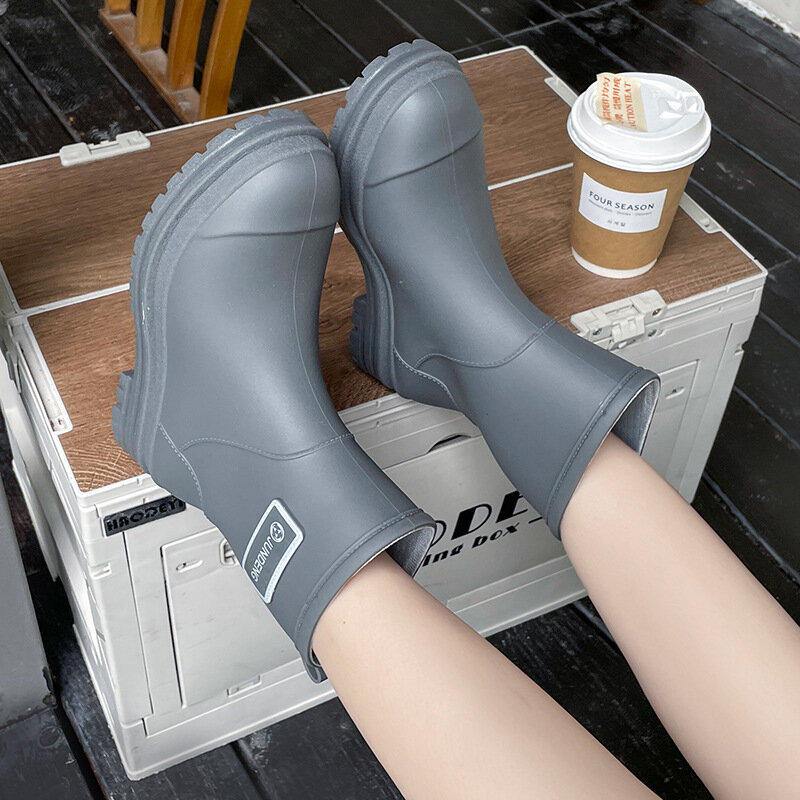 Модные женские резиновые сапоги, нескользящие водонепроницаемые туфли до середины икры, женские сапоги для воды, резиновые сапоги, женские короткие резиновые туфли.