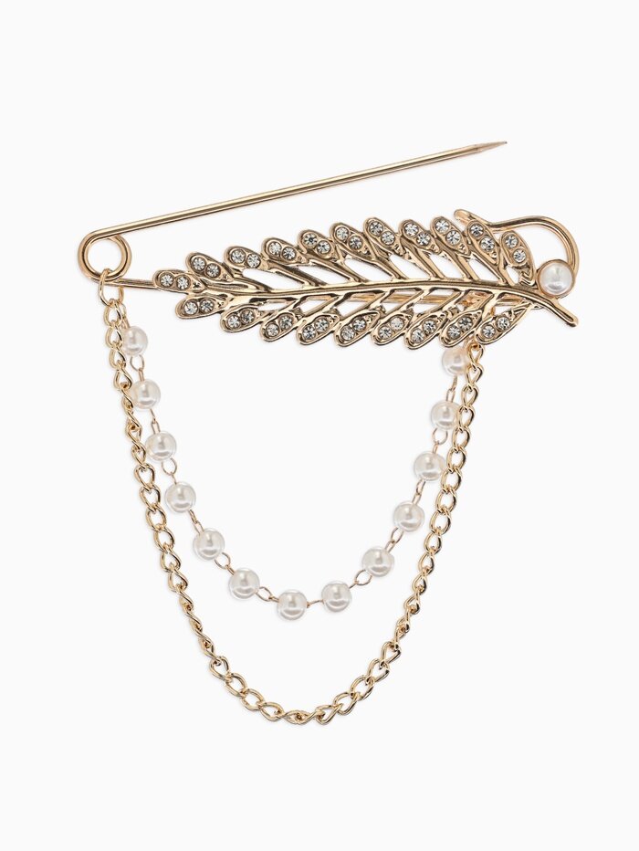 Булавка «Лист с цепочкой и жемчугом», в стразах, L=7.5 см, белая в золоте